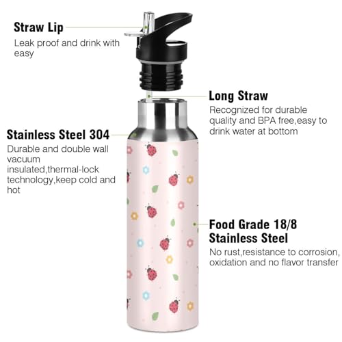 Ladybugs-flower-pattern Insulated Water Bottle with Straw, Stainless Steel Sports Water Bottles, Double Wall Vacuum, Leakproof, BPA-Free 20 oz
