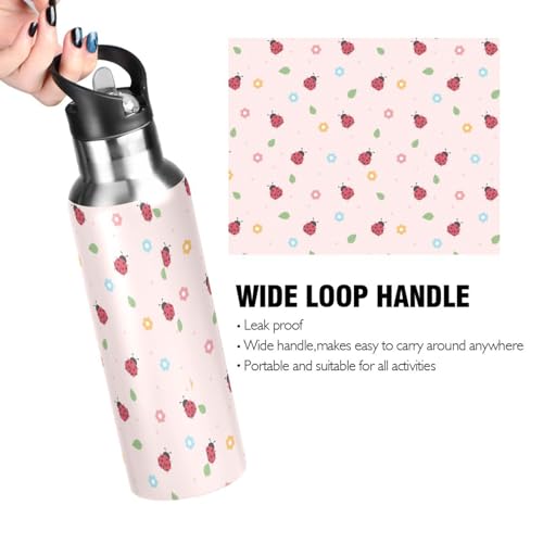 Ladybugs-flower-pattern Insulated Water Bottle with Straw, Stainless Steel Sports Water Bottles, Double Wall Vacuum, Leakproof, BPA-Free 20 oz