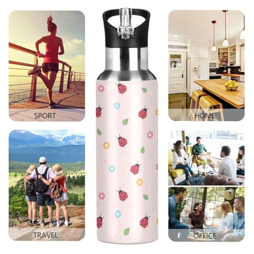 Ladybugs-flower-pattern Insulated Water Bottle with Straw, Stainless Steel Sports Water Bottles, Double Wall Vacuum, Leakproof, BPA-Free 20 oz