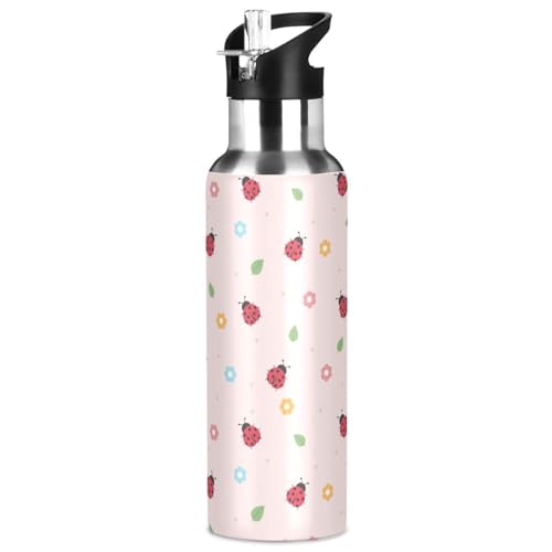 Ladybugs-flower-pattern Insulated Water Bottle with Straw, Stainless Steel Sports Water Bottles, Double Wall Vacuum, Leakproof, BPA-Free 20 oz