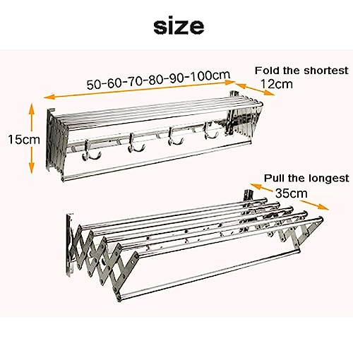 FAXIOAWA Retractable Wall-Mounted Dryer Folding Clothes Drying Rack 50-100Cm 6 Rail Towel Bar Hook Pole Airer Washing Line Bathroom Dryer Balcony Indoor Outdoor,60cm