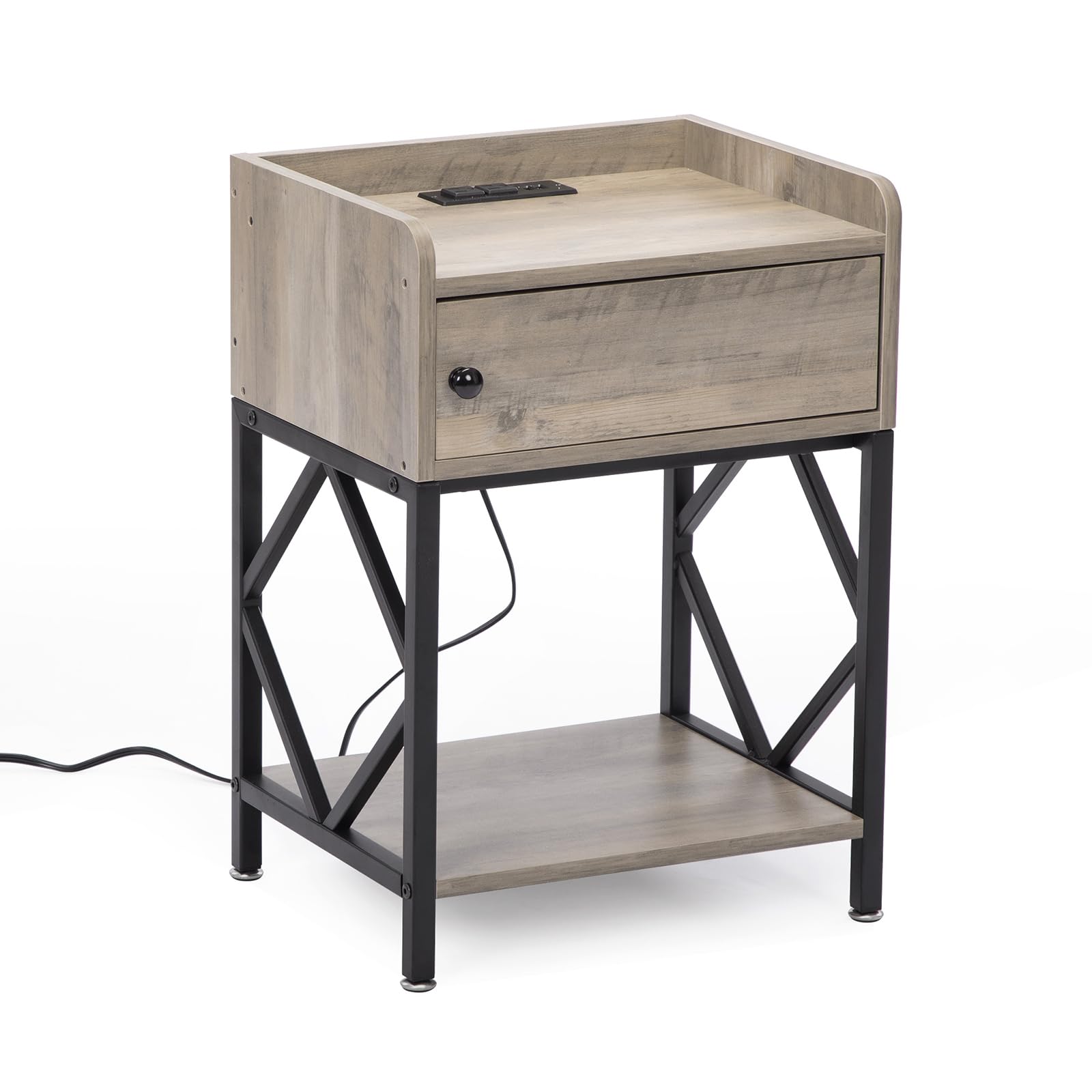 Gecheer Set of 2 Wood Nightstand, Farmhouse End Table with Charging Station, USB Ports, Cabinet, and Shelf, Sofa Bed Side Table for Bedroom Living Room, Adjustable Foot Pads, Rustic Gray