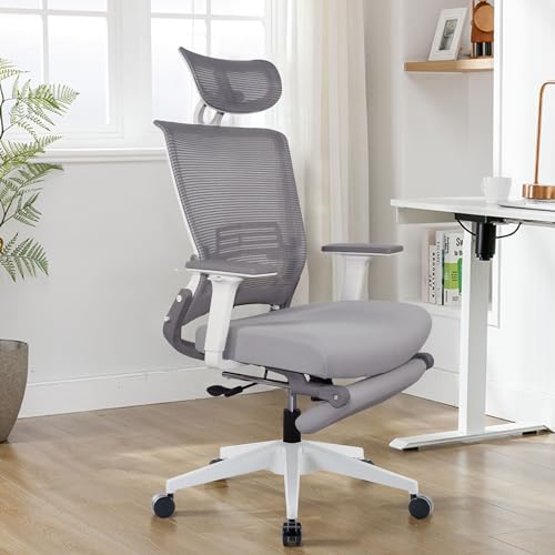 Foldable Ergonomic Office Chair, High Back Desk Chair with Footrest, Mesh Back Computer Chair with 2D Headrest, 2D Armrest, Adjustable Lumbar Support, Soft Sponge Seat, Swivel Task Chair, Gray