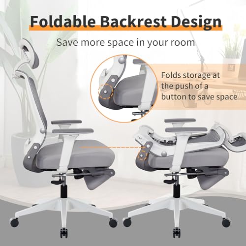 Foldable Ergonomic Office Chair, High Back Desk Chair with Footrest, Mesh Back Computer Chair with 2D Headrest, 2D Armrest, Adjustable Lumbar Support, Soft Sponge Seat, Swivel Task Chair, Gray