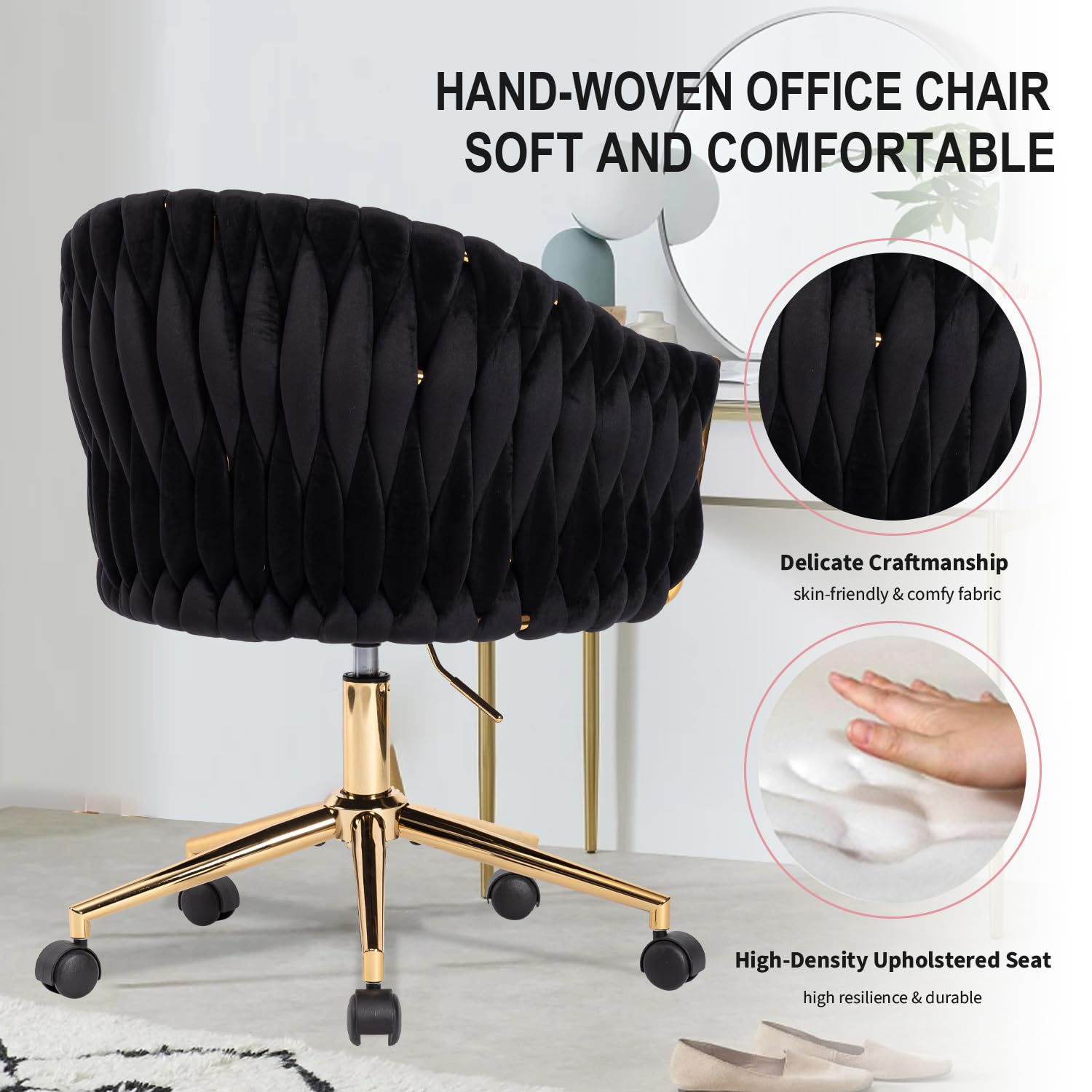 linting Velvet Accent Chair Home Office Desk Chairs with Wheels Modern Mid Back Swivel Vanity Chair Armchair, Adjustable Makeup Chair (Black)