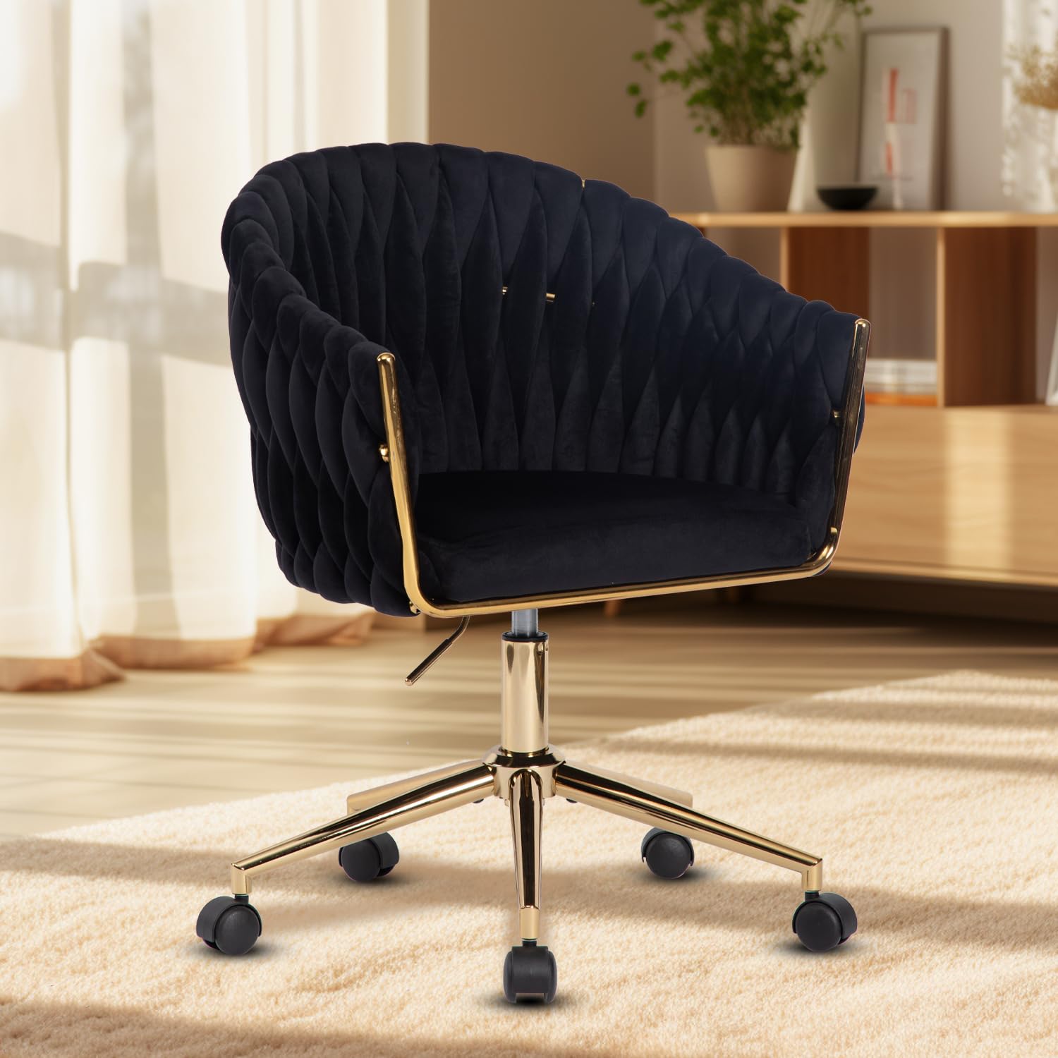 linting Velvet Accent Chair Home Office Desk Chairs with Wheels Modern Mid Back Swivel Vanity Chair Armchair, Adjustable Makeup Chair (Black)