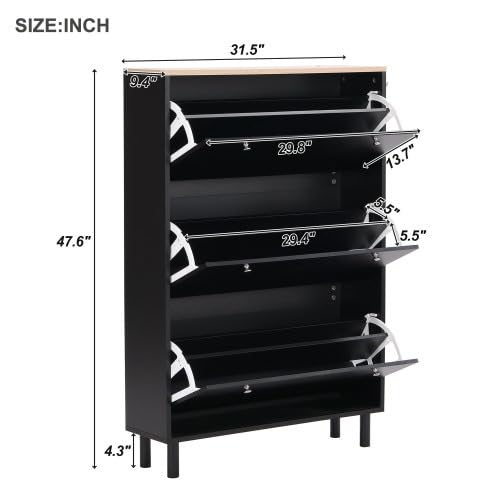 Wekity Narrow Design Shoe Cabinet with 3 Flip Drawers, Wood Grain Pattern Top Entryway Organizer with 3 Hooks, Free Standing Shoe Rack with Adjustable Panel for Hallway (Black)