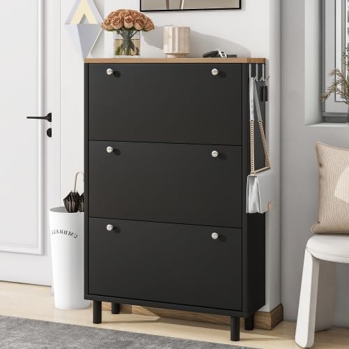 Wekity Narrow Design Shoe Cabinet with 3 Flip Drawers, Wood Grain Pattern Top Entryway Organizer with 3 Hooks, Free Standing Shoe Rack with Adjustable Panel for Hallway (Black)