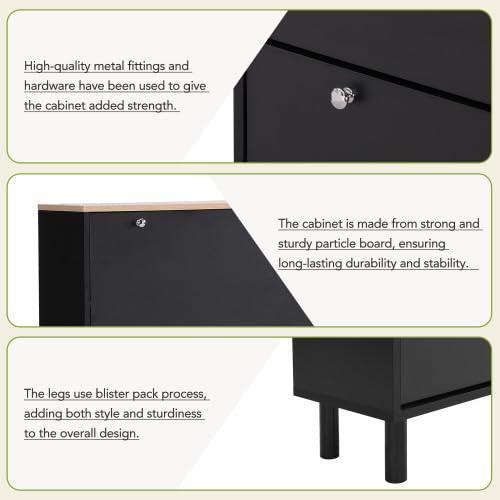 Wekity Narrow Design Shoe Cabinet with 3 Flip Drawers, Wood Grain Pattern Top Entryway Organizer with 3 Hooks, Free Standing Shoe Rack with Adjustable Panel for Hallway (Black)