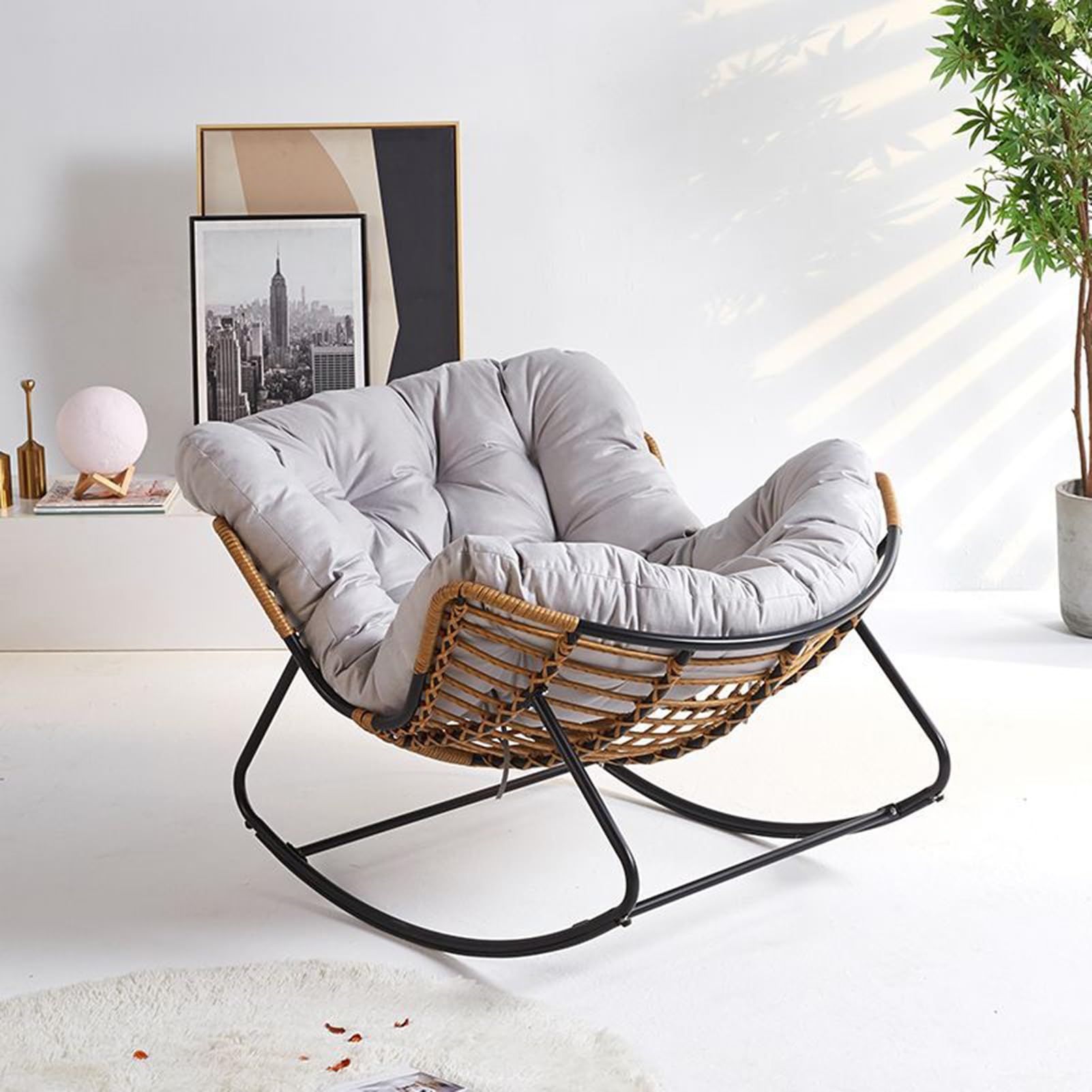 HARELA Outdoor Patio Rocking Chair, Indoor & Outdoor Rocking Chair, Rattan Rocker Padded Cushion Recliner, Modern Lounge Chair for Front Porch, Balcony, Garden, Lawn, Living Room (Color : Gray)