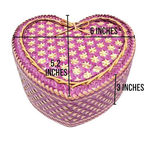 Bamboo Sticky Rice Serving Basket 6 x 5.2 Inch, Kratip, Intricately Woven Container, Heart-Shaped, Pikul Flower Weave Pattern, Thailand Handmade (Purple)