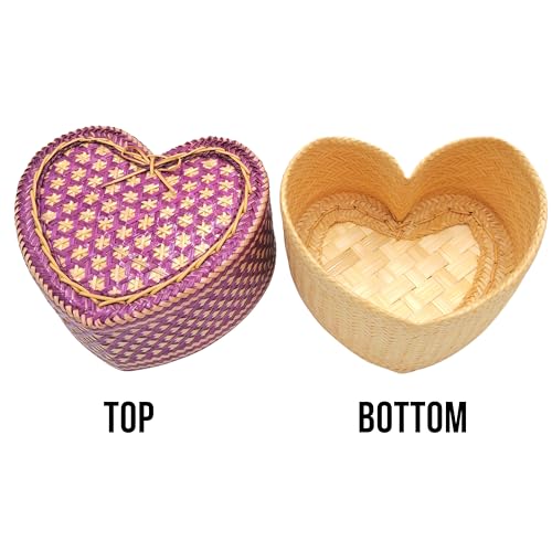 Bamboo Sticky Rice Serving Basket 6 x 5.2 Inch, Kratip, Intricately Woven Container, Heart-Shaped, Pikul Flower Weave Pattern, Thailand Handmade (Purple)