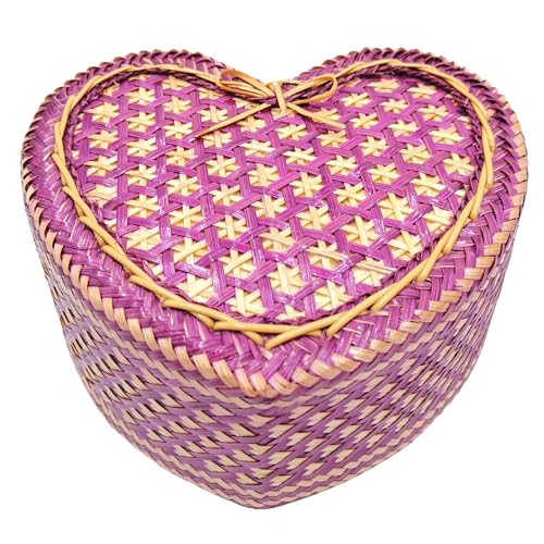 Bamboo Sticky Rice Serving Basket 6 x 5.2 Inch, Kratip, Intricately Woven Container, Heart-Shaped, Pikul Flower Weave Pattern, Thailand Handmade (Purple)