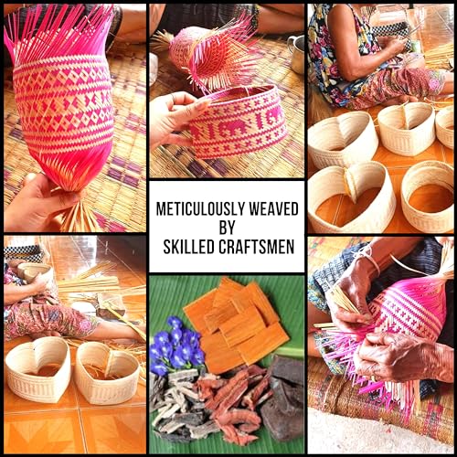 Bamboo Sticky Rice Serving Basket 6 x 5.2 Inch, Kratip, Intricately Woven Container, Heart-Shaped, Pikul Flower Weave Pattern, Thailand Handmade (Purple)