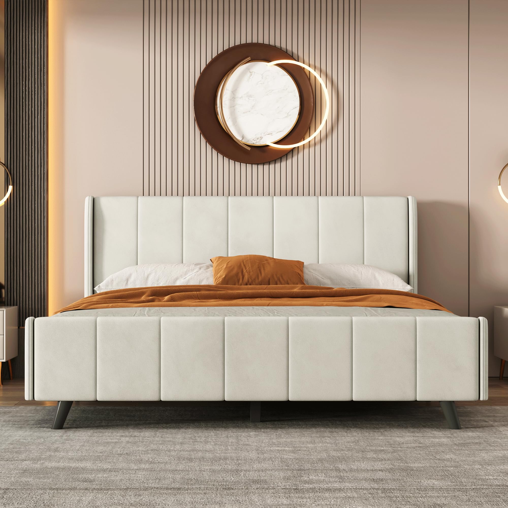 Prohon Upholstered Platform Bed with Tufted Headboard and Soft Wingback, Queen Size Bed Frame No Box Spring Needed, Velvet Bedframe w/Wood Slat Mattress Foundation, Beige