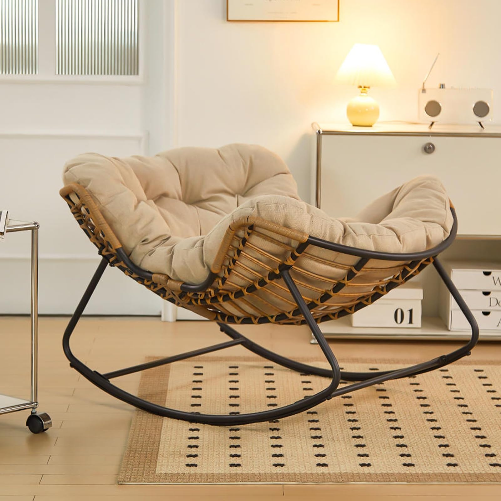 Outdoor Patio Rocking Chair, Rattan Rocker Padded Cushion Recliner, Comfortable Upholstered Rocking Chair, Rattan Rocking Chair for Balcony, Front Porch, Garden, Patio, Backyard ( Color : Rice color )
