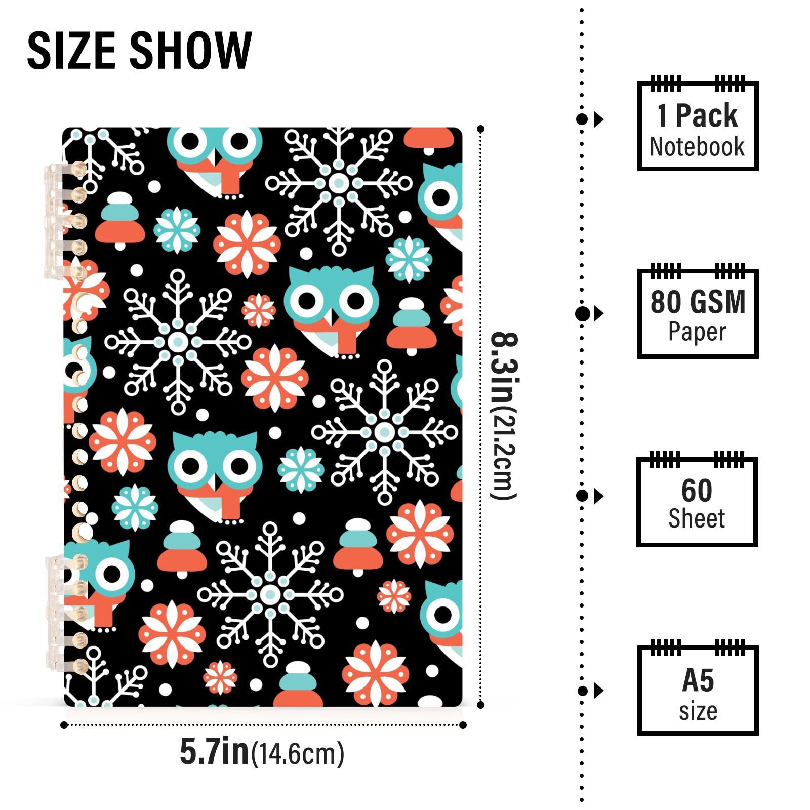 SPRIPORT Christmas Owls Snowflake Spiral Journal Notebook for Women Men A5 Memo Notepad Sketchbook with Durable Hardcover & 60 Pages Writing Journal for Journaling Notes Study School Work Boys Grils