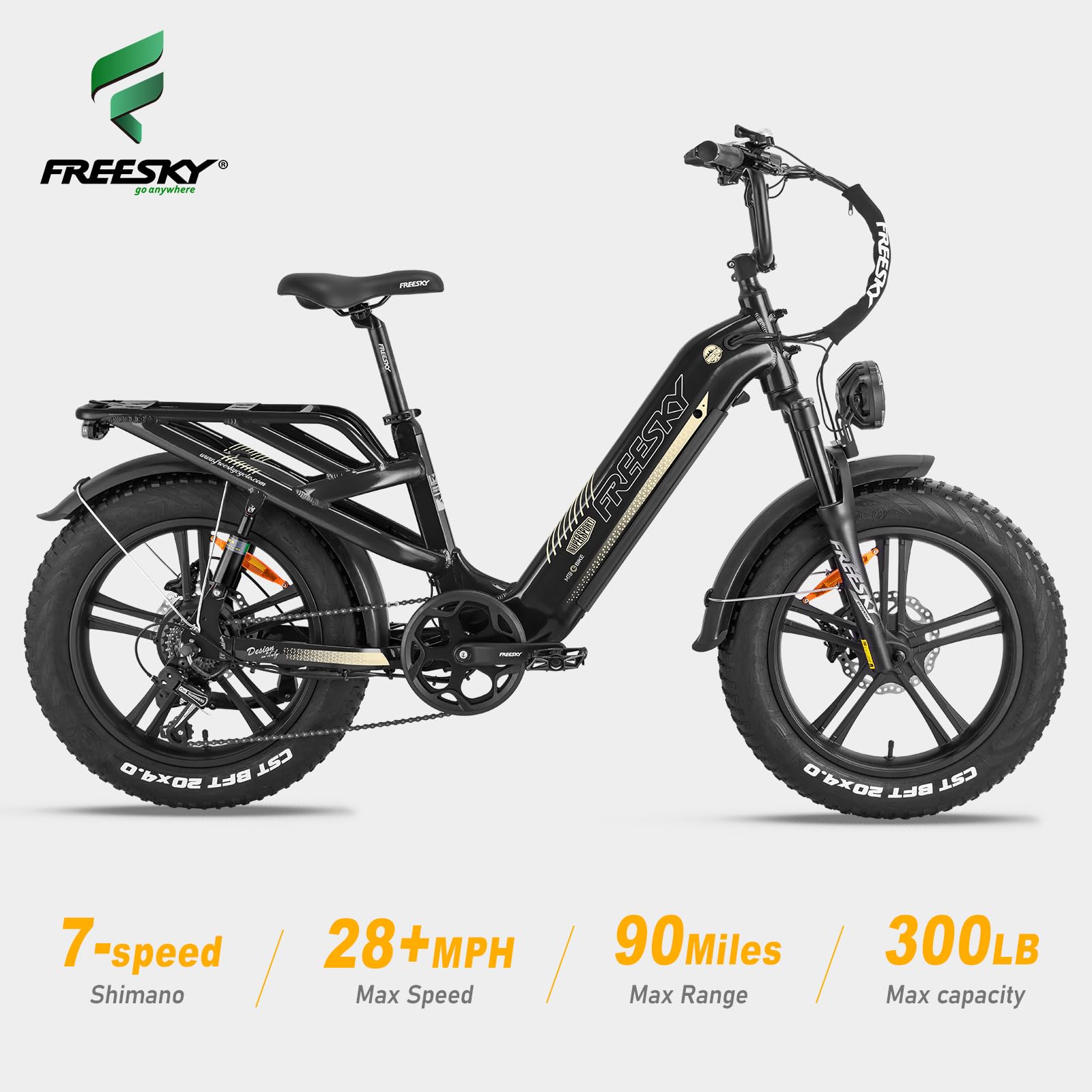 FREESKY Electric Bike for Adults 1200W Motor 48V 20AH Removable Battery Step-Thru up to 28+MPH&90Miles Ebike, 4.0×20” Fat Tires Electric Bicycle with Rear Basket(Latest Release)