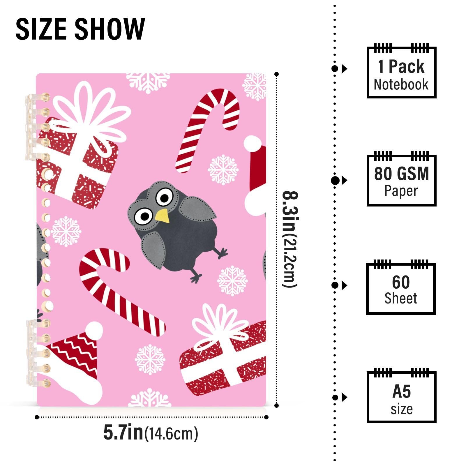 SPRIPORT Christmas Owls Pink Spiral Journal Notebook for Women Men A5 Memo Notepad Sketchbook with Durable Hardcover & 60 Pages Writing Journal for Journaling Boys Grils Study Notes Work School