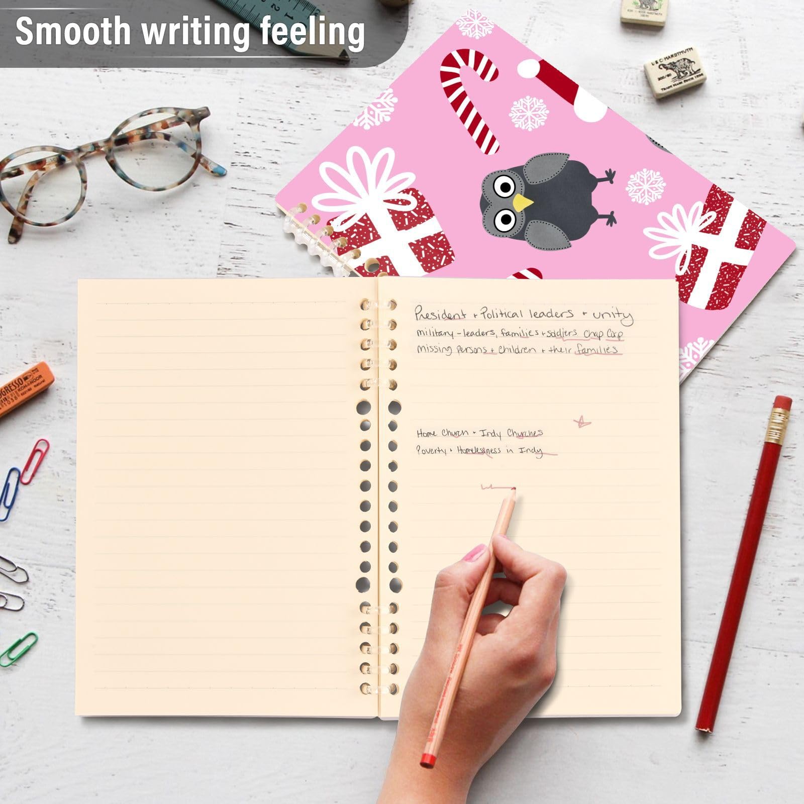 SPRIPORT Christmas Owls Pink Spiral Journal Notebook for Women Men A5 Memo Notepad Sketchbook with Durable Hardcover & 60 Pages Writing Journal for Journaling Boys Grils Study Notes Work School