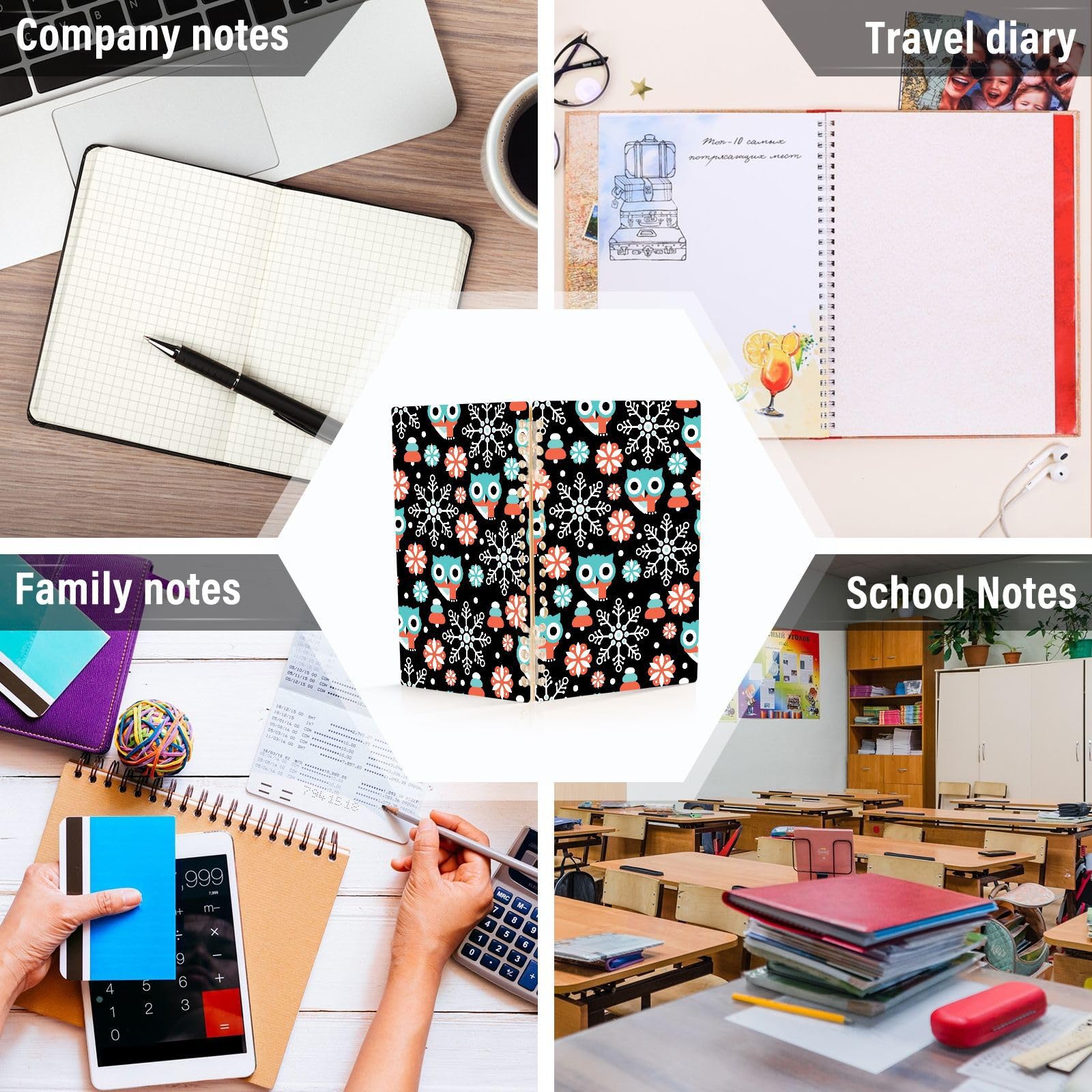SPRIPORT Christmas Owls Snowflake Spiral Journal Notebook for Women Men A5 Memo Notepad Sketchbook with Durable Hardcover & 60 Pages Writing Journal for Journaling Notes Study School Work Boys Grils