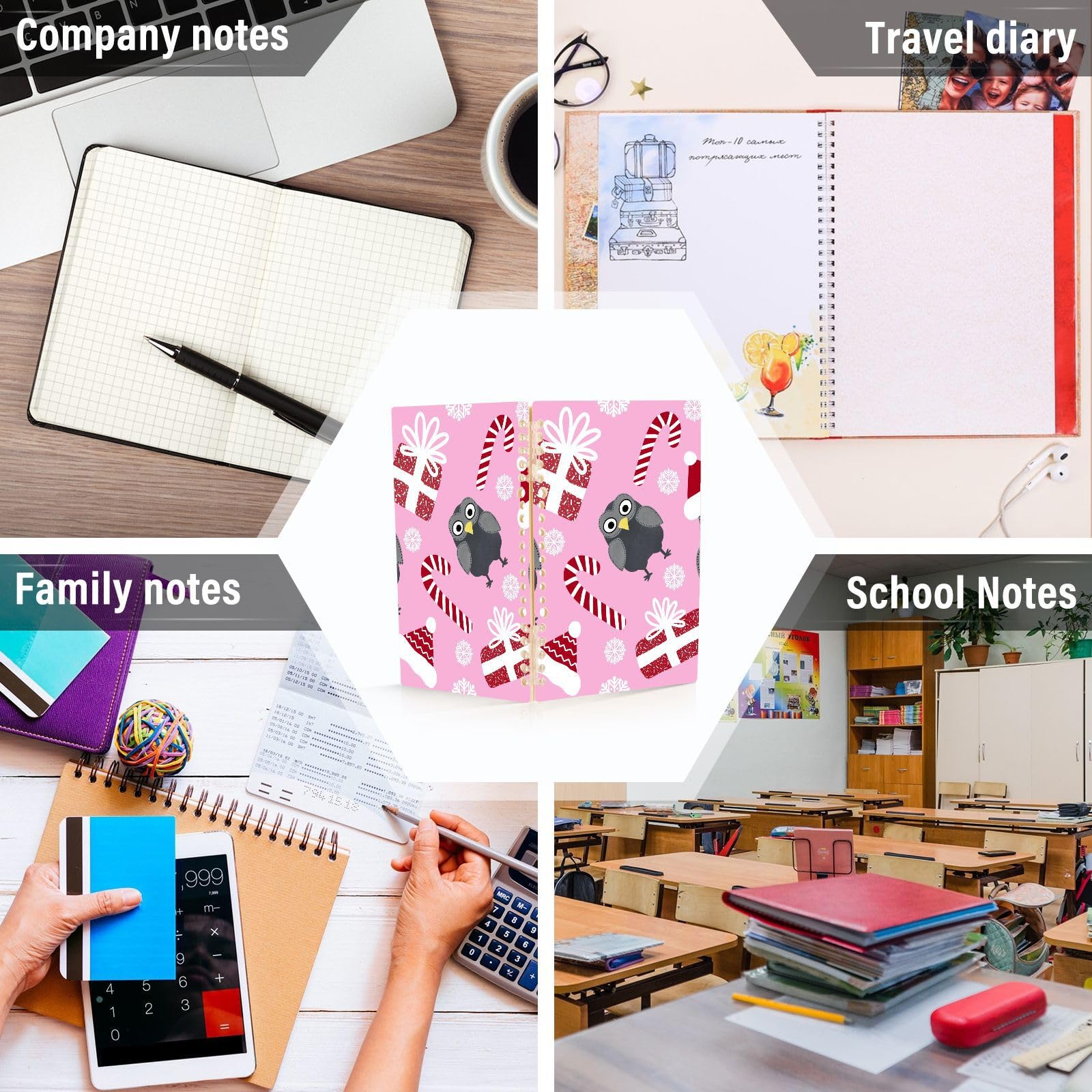 SPRIPORT Christmas Owls Pink Spiral Journal Notebook for Women Men A5 Memo Notepad Sketchbook with Durable Hardcover & 60 Pages Writing Journal for Journaling Boys Grils Study Notes Work School