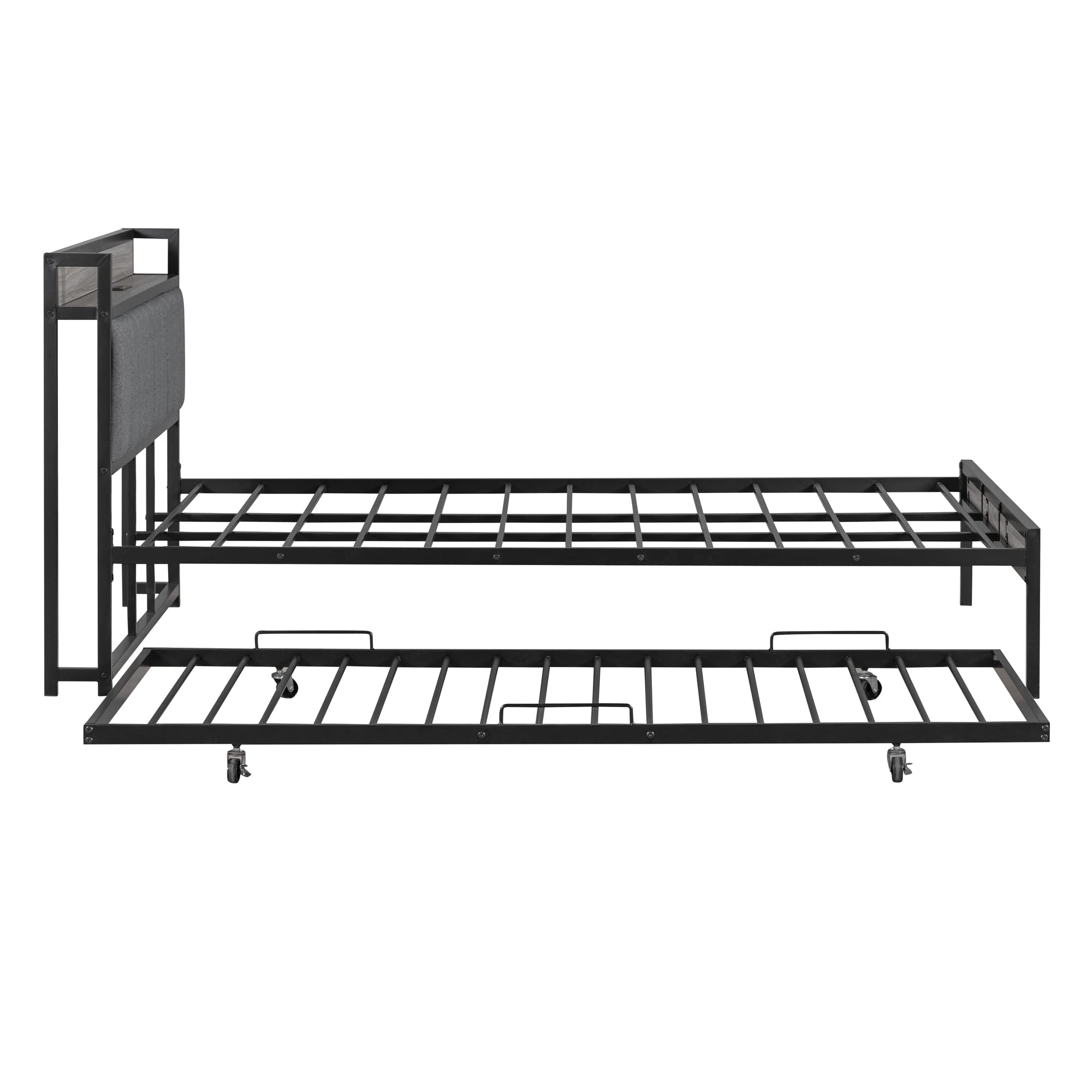 Anwick Metal Platform Bed Frame with Twin Size Trundle, Upholstered headboard, Sockets, USB Ports and Slat Support, No Box Spring Needed