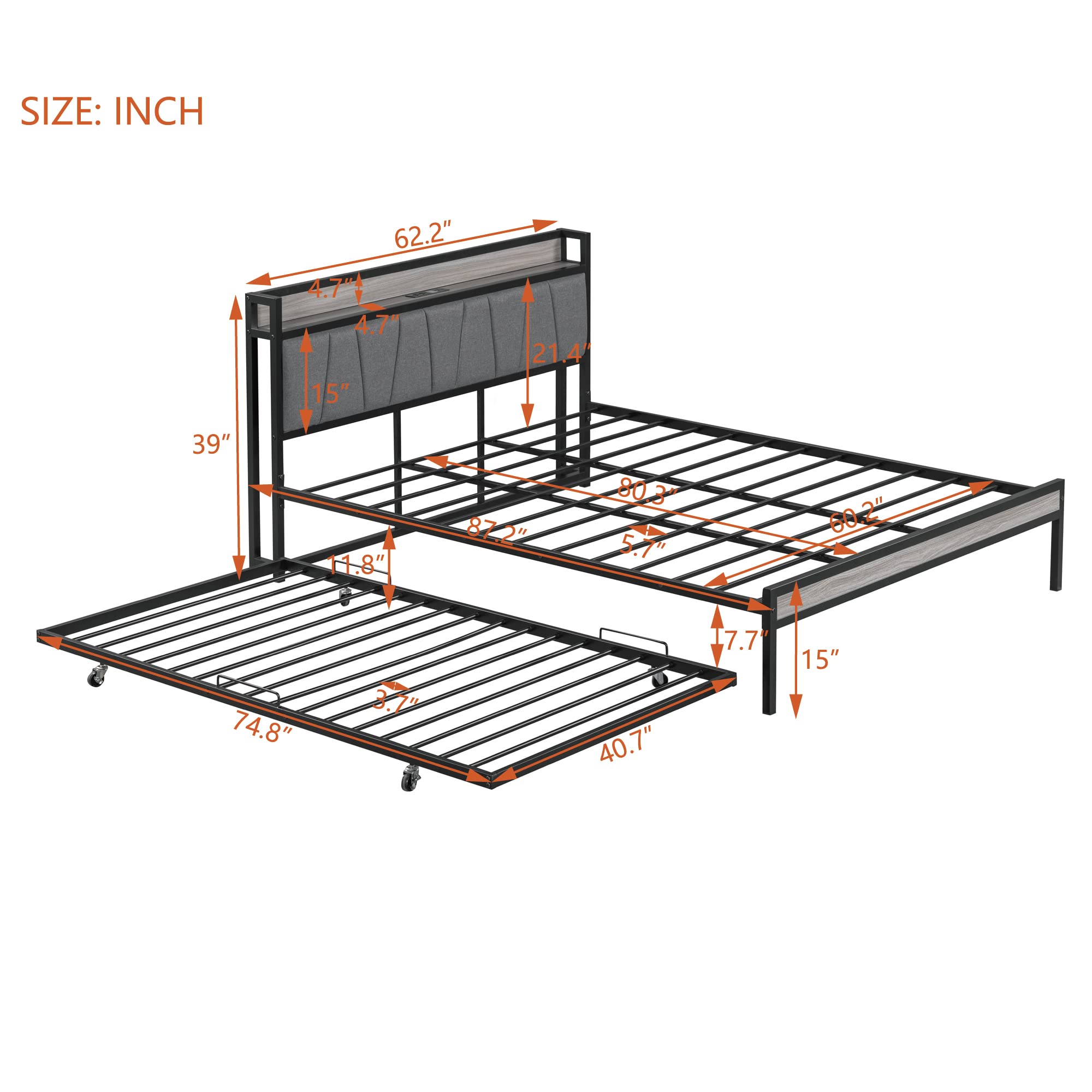 Anwick Metal Platform Bed Frame with Twin Size Trundle, Upholstered headboard, Sockets, USB Ports and Slat Support, No Box Spring Needed