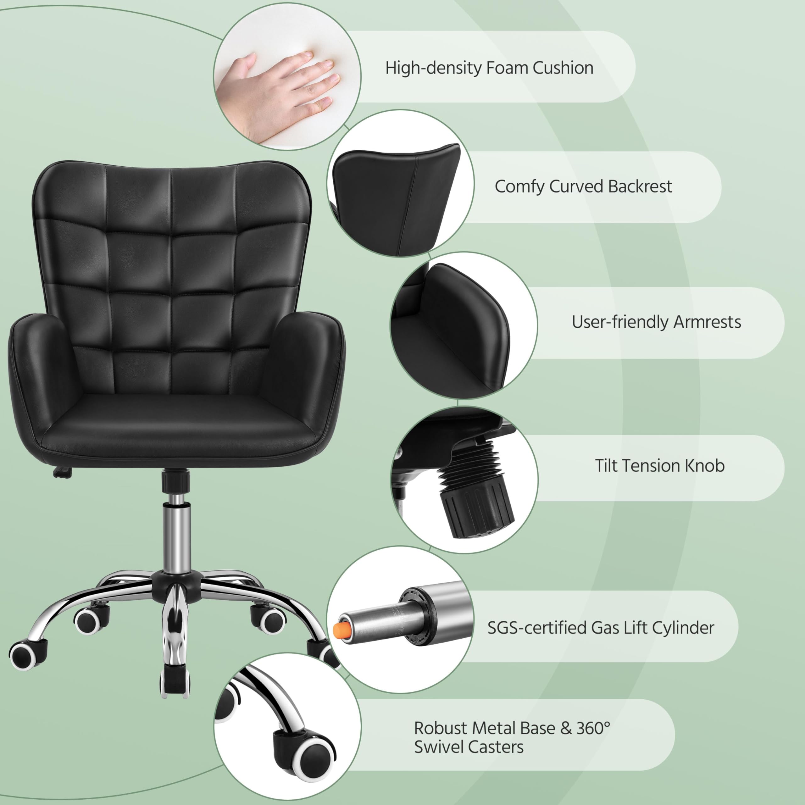 Yaheetech Modern Faux Leather Office Chair Ergonomic Adjustable Computer Chair with Wide Seat, Padded Armrests for Study, Bedroom Black