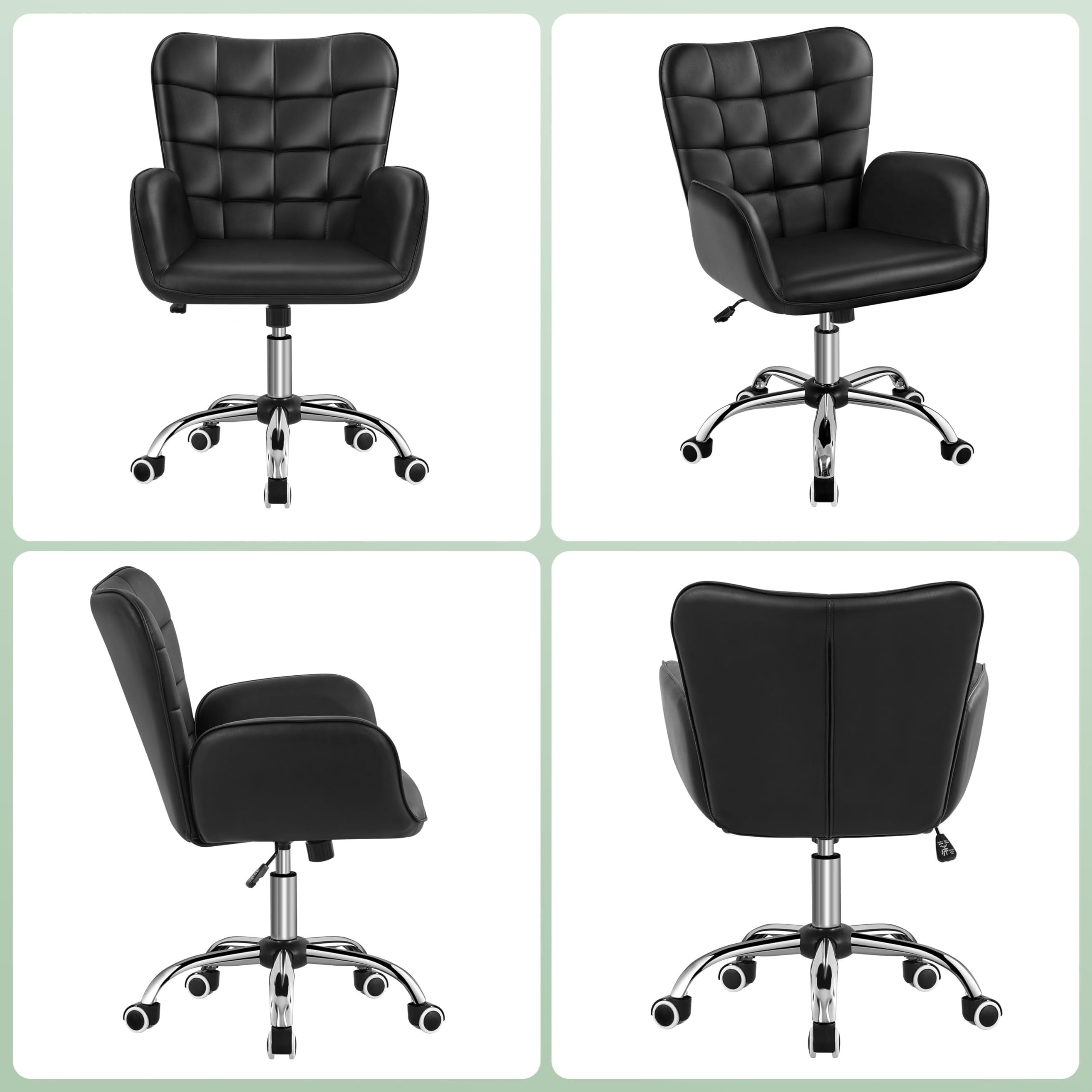 Yaheetech Modern Faux Leather Office Chair Ergonomic Adjustable Computer Chair with Wide Seat, Padded Armrests for Study, Bedroom Black