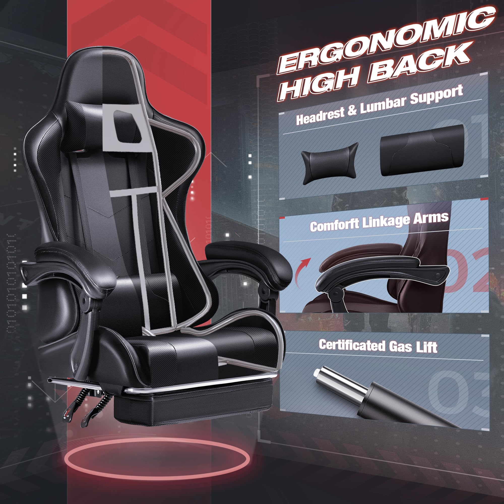Furmax Gaming Chair, Video Game Chair with Footrest and Massage Lumbar Support, Swivel Seat Height Adjustable Computer Chair with Headrest, Racing E-Sport Gamer Chair (Black)