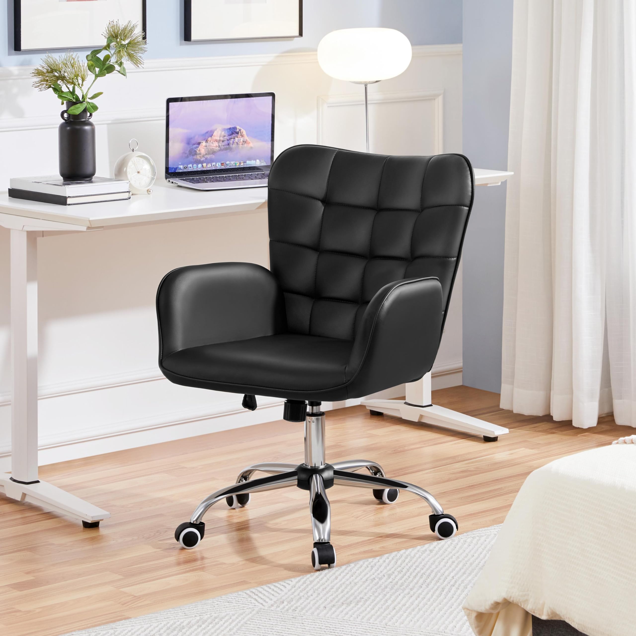 Yaheetech Modern Faux Leather Office Chair Ergonomic Adjustable Computer Chair with Wide Seat, Padded Armrests for Study, Bedroom Black