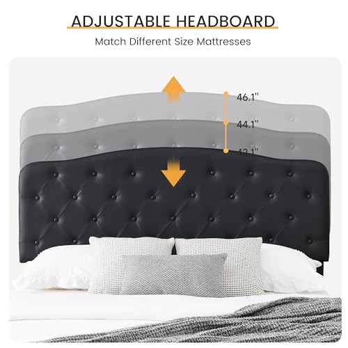 GAOMON Queen Size Platform Bed Frame with Button Tufted Headboard, Faux Leather Upholstered Mattress Foundation, Wooden Slat Support, No Box Spring Needed, Black