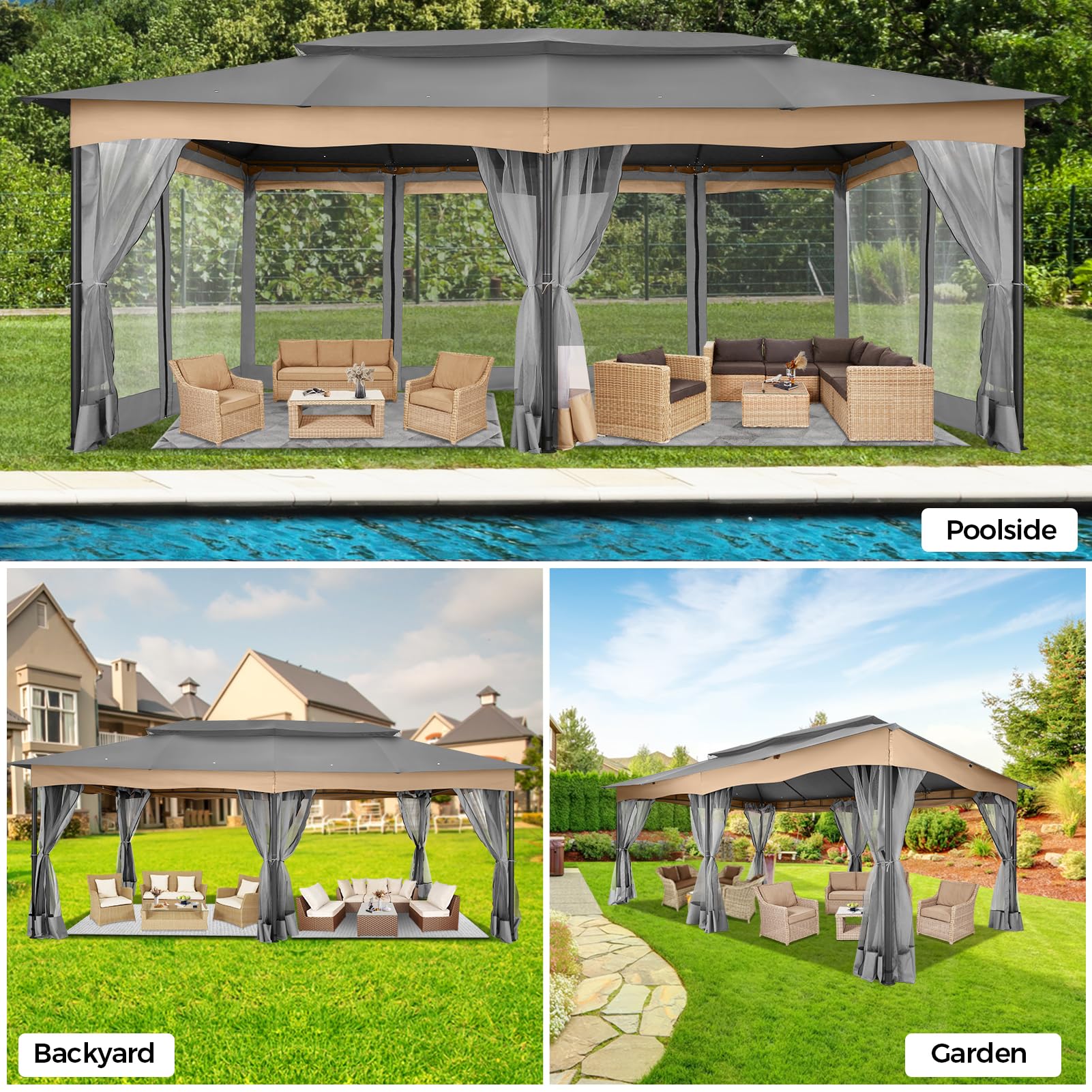 COBIZI Gazebo 10x20 Heavy Duty Patio Gazebo with Mosquito Netting Deck Gazebo with Metal Steel Frame Large Screen Gazebo Tent Waterproof with Double Roof for Backyard, Deck, Garden