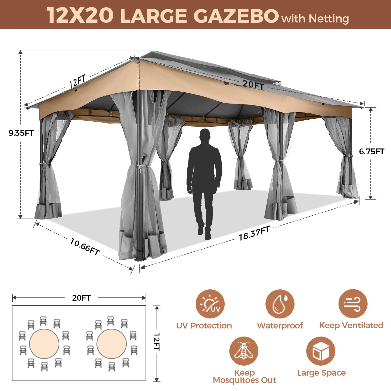 COBIZI Gazebo 10x20 Heavy Duty Patio Gazebo with Mosquito Netting Deck Gazebo with Metal Steel Frame Large Screen Gazebo Tent Waterproof with Double Roof for Backyard, Deck, Garden
