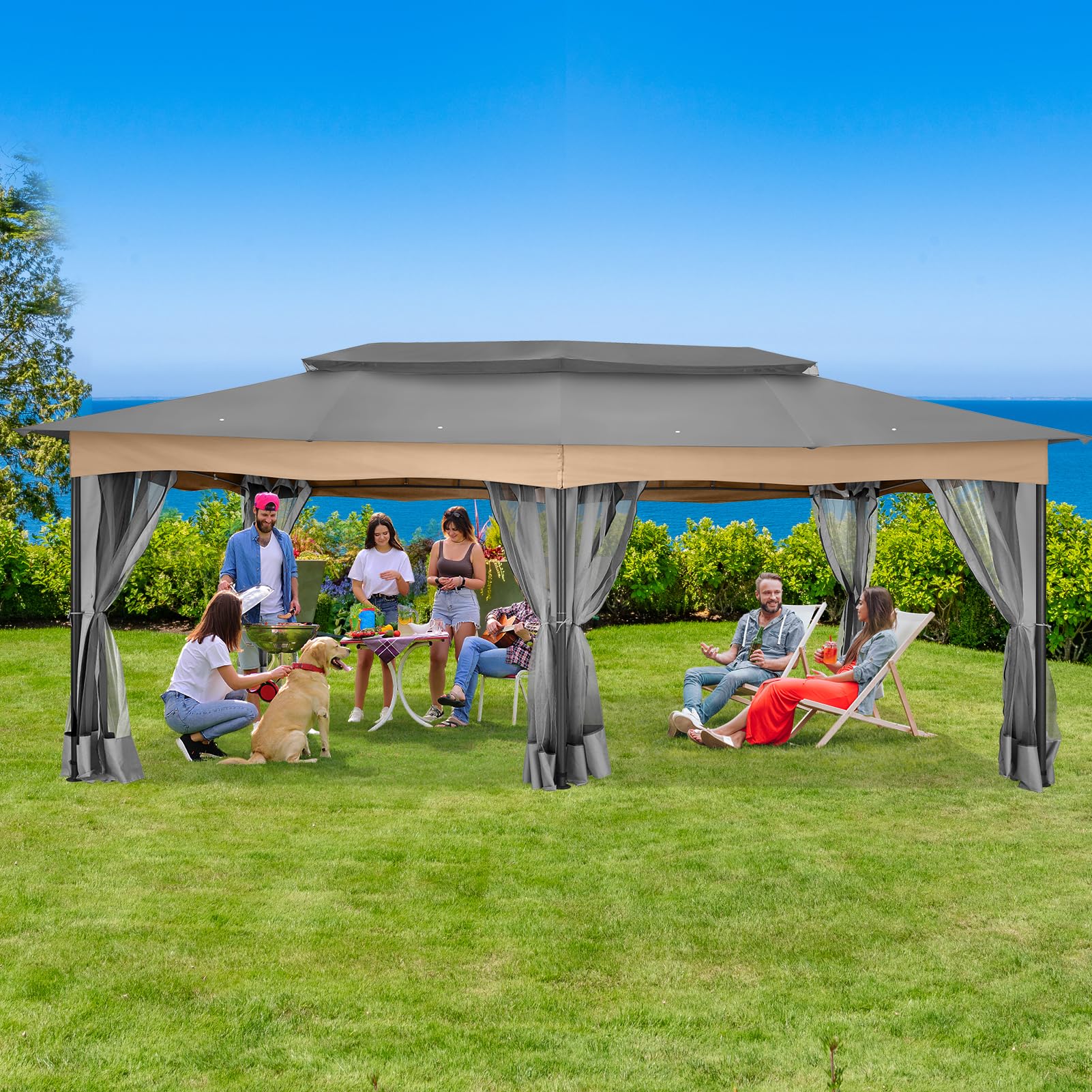 COBIZI Gazebo 10x20 Heavy Duty Patio Gazebo with Mosquito Netting Deck Gazebo with Metal Steel Frame Large Screen Gazebo Tent Waterproof with Double Roof for Backyard, Deck, Garden