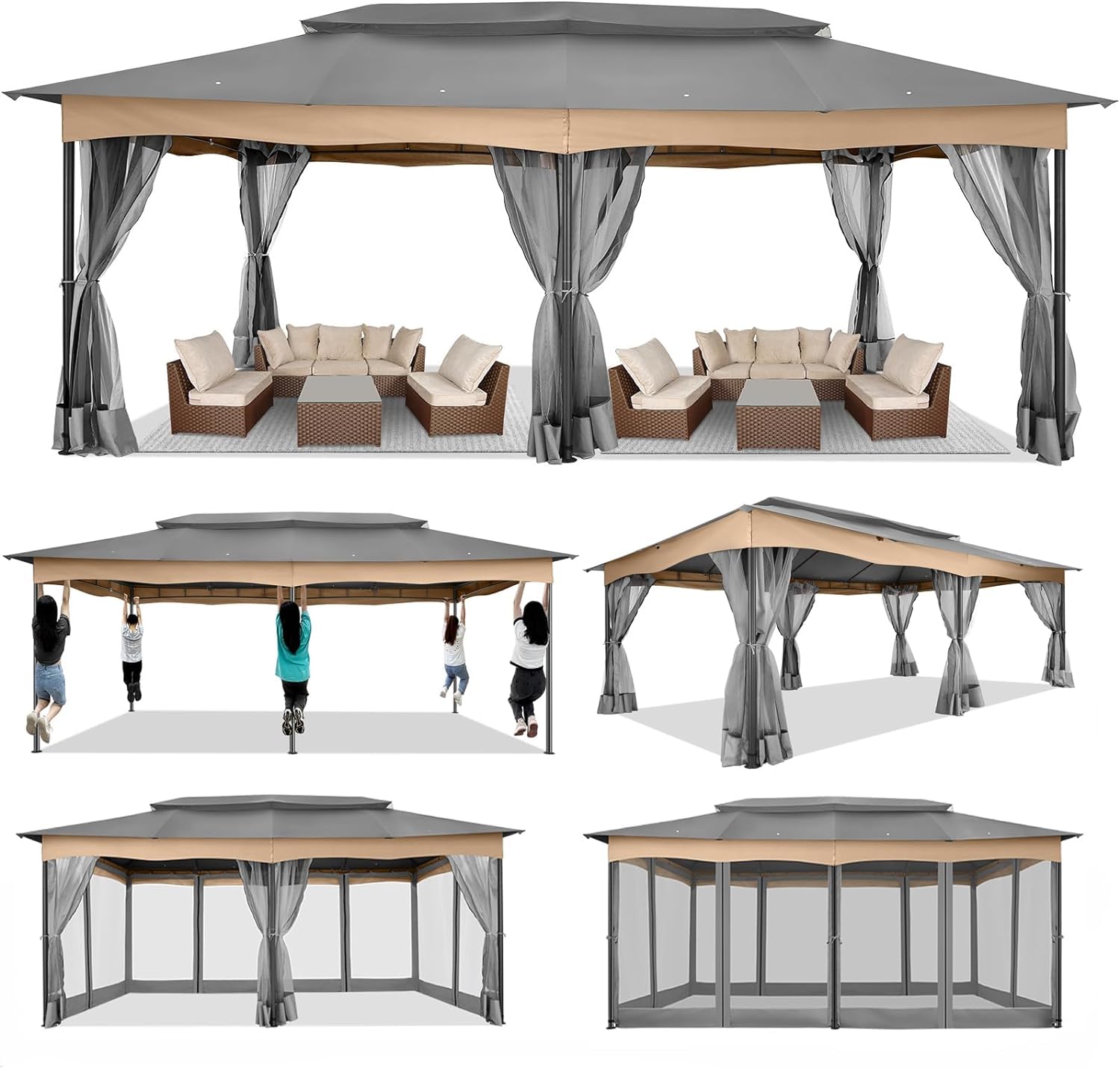 COBIZI Gazebo 10x20 Heavy Duty Patio Gazebo with Mosquito Netting Deck Gazebo with Metal Steel Frame Large Screen Gazebo Tent Waterproof with Double Roof for Backyard, Deck, Garden