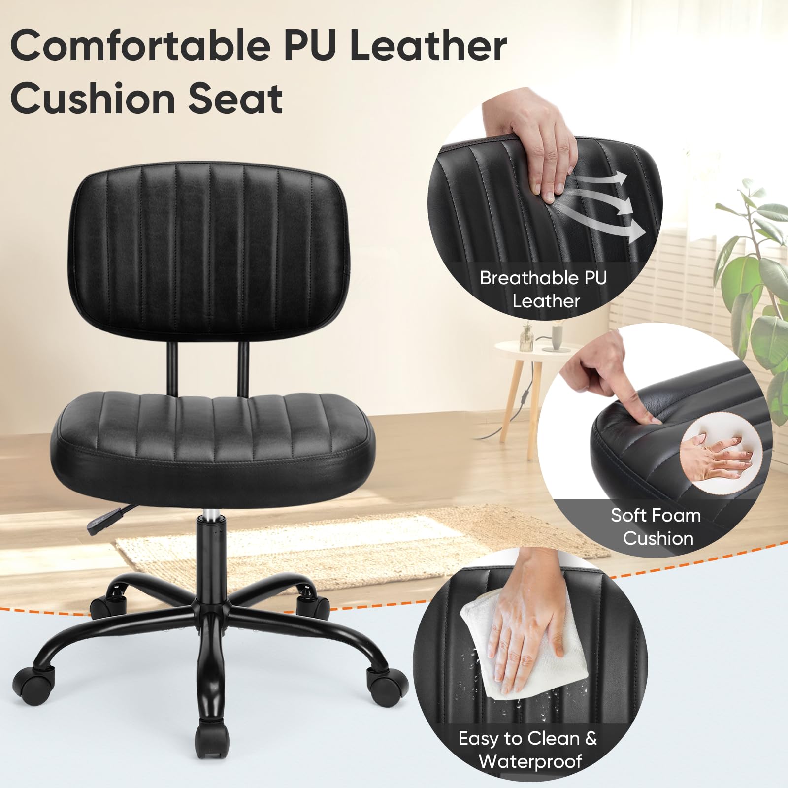 DUMOS Armless Home Office Chair Ergonomic Desk with Comfy Low Back Lumbar Support, Height Adjustable PU Leather Computer Task with 360° Swivel Wheels, for Small Space, Kids and Adults, Black