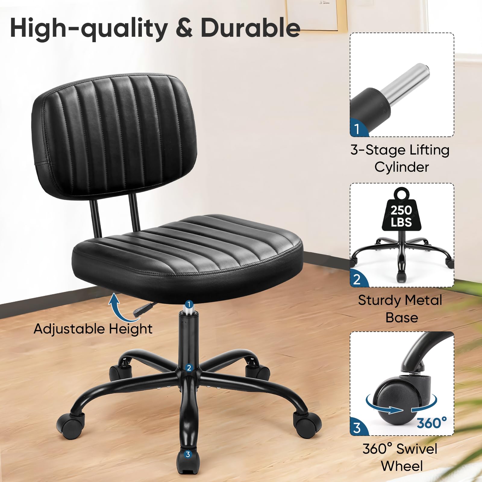 DUMOS Armless Home Office Chair Ergonomic Desk with Comfy Low Back Lumbar Support, Height Adjustable PU Leather Computer Task with 360° Swivel Wheels, for Small Space, Kids and Adults, Black