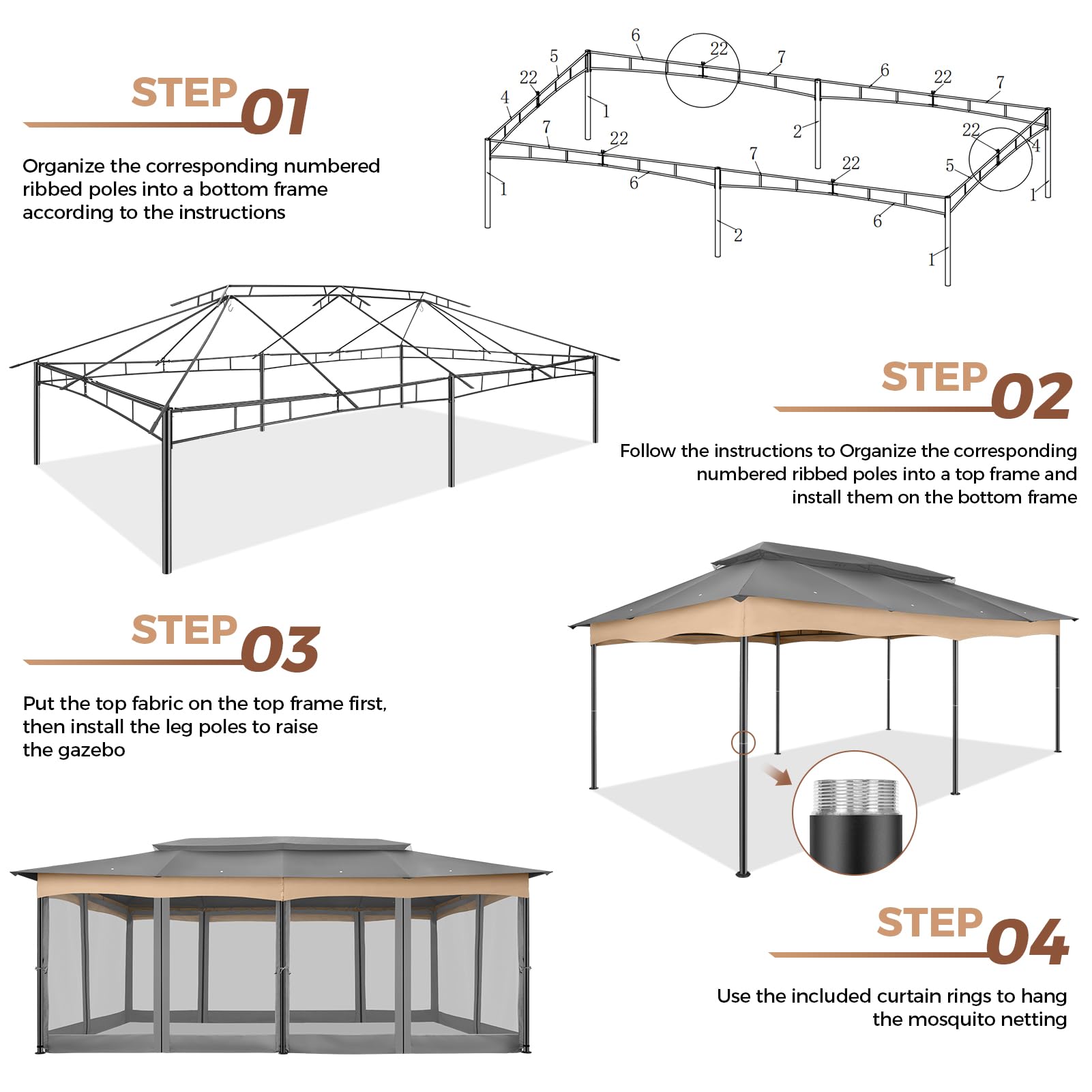COBIZI Gazebo 10x20 Heavy Duty Patio Gazebo with Mosquito Netting Deck Gazebo with Metal Steel Frame Large Screen Gazebo Tent Waterproof with Double Roof for Backyard, Deck, Garden