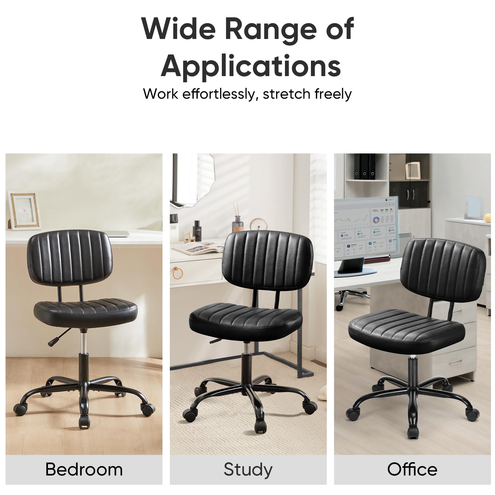 DUMOS Armless Home Office Chair Ergonomic Desk with Comfy Low Back Lumbar Support, Height Adjustable PU Leather Computer Task with 360° Swivel Wheels, for Small Space, Kids and Adults, Black