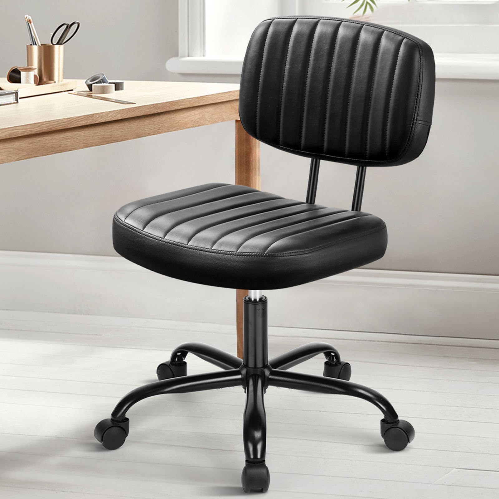 DUMOS Armless Home Office Chair Ergonomic Desk with Comfy Low Back Lumbar Support, Height Adjustable PU Leather Computer Task with 360° Swivel Wheels, for Small Space, Kids and Adults, Black