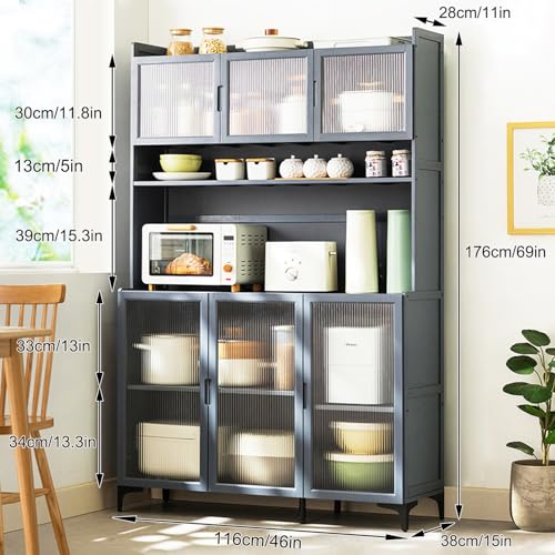 NENAGGE Kitchen Pantry Storage Cabinet, 69" Freestanding Microwave Cupboard with Double Doors & Acrylic Translucent Window, Buffet with Hutch for Living Room, Dining Room,176×116cm/69×46in