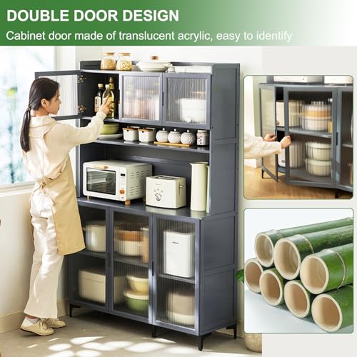 NENAGGE Kitchen Pantry Storage Cabinet, 69" Freestanding Microwave Cupboard with Double Doors & Acrylic Translucent Window, Buffet with Hutch for Living Room, Dining Room,176×116cm/69×46in