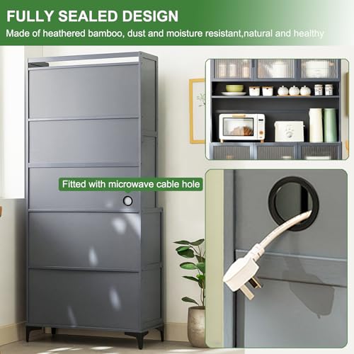 NENAGGE Kitchen Pantry Storage Cabinet, 69" Freestanding Microwave Cupboard with Double Doors & Acrylic Translucent Window, Buffet with Hutch for Living Room, Dining Room,176×116cm/69×46in