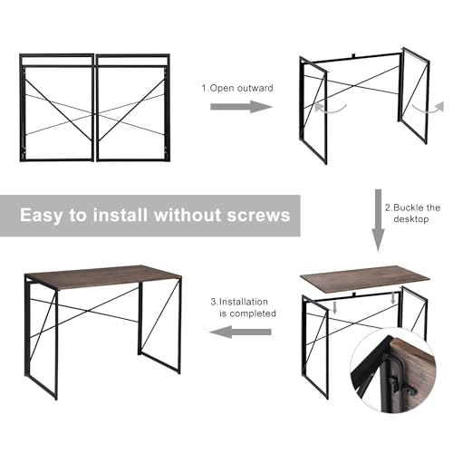 Folding Desk Simple Home Office Desk, Foldable Space Saving Computer Study Writing Table Workstation with Metal Frames/Wood Top Laptop, No Assembly Required, 39.4 Inch, Industrial Brown