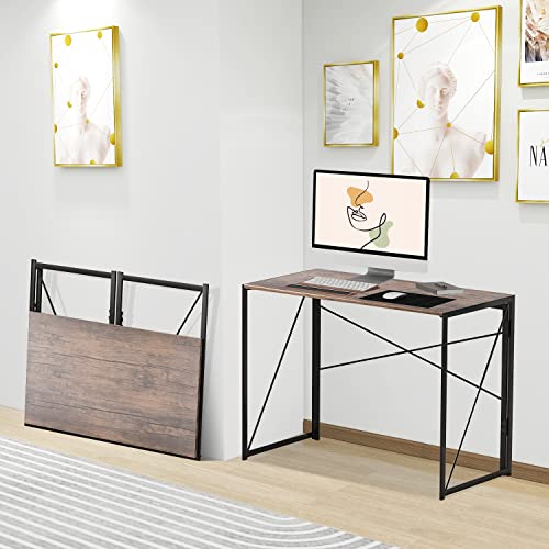 Folding Desk Simple Home Office Desk, Foldable Space Saving Computer Study Writing Table Workstation with Metal Frames/Wood Top Laptop, No Assembly Required, 39.4 Inch, Industrial Brown