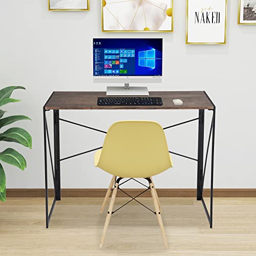 Folding Desk Simple Home Office Desk, Foldable Space Saving Computer Study Writing Table Workstation with Metal Frames/Wood Top Laptop, No Assembly Required, 39.4 Inch, Industrial Brown