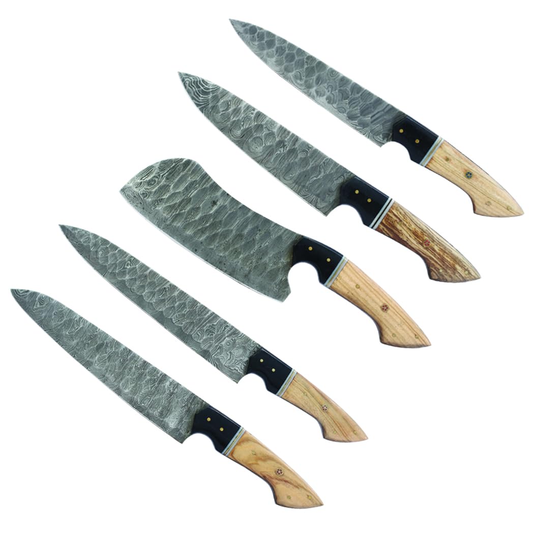 THE BONE EDGE 5 Pcs Damascus Fordge Blade Chef's Knife Set With Wood & Resin Handle
