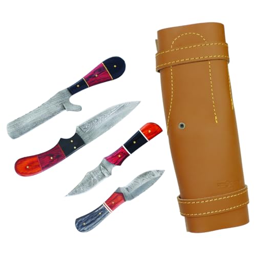 HUNT-DOWN 4 Pcs Damascus Blade Hunting Knife Set Wood & Resin Handle With Cover